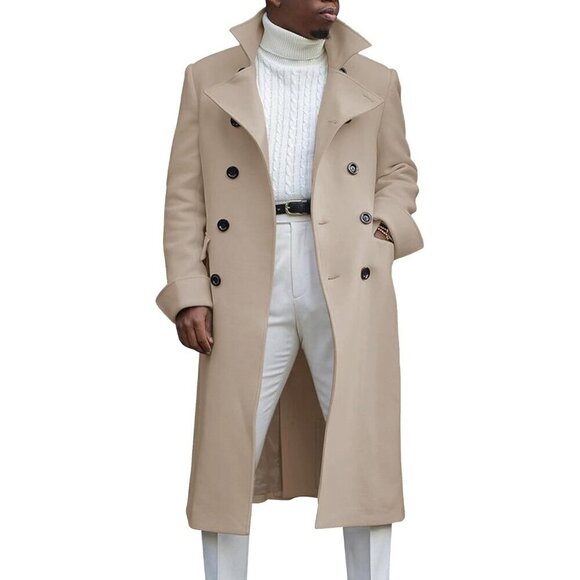Jackets & Coats | Mens Beige Notch Lapel Double Breasted Long Trench ...